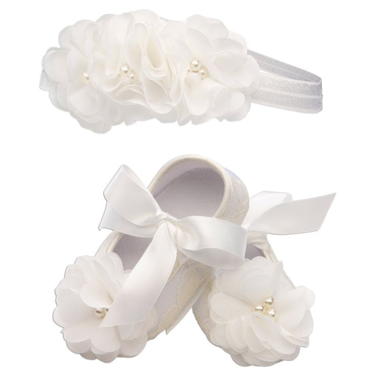 Baptism Shoe & Headband Set - Ivory Chiffon Flower
